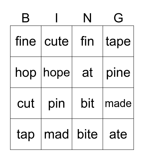 CVC and CVCe Words Bingo Card