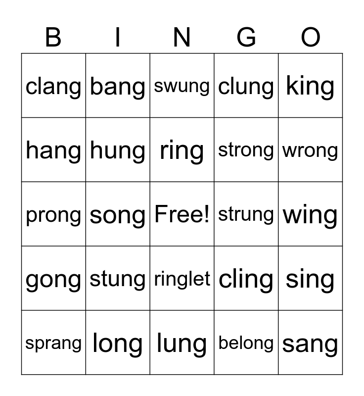 ang, ing, ong, ung Bingo Card