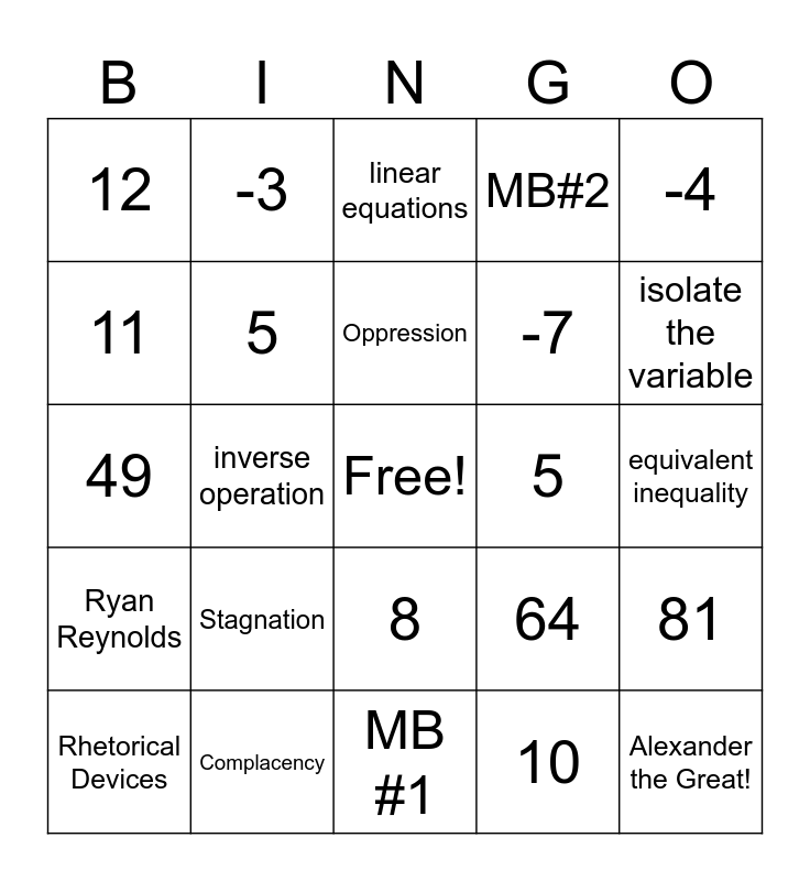 Math Bingo 1/18/24 Bingo Card