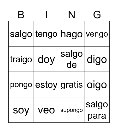 Verbos con forma YO irregular Bingo Card