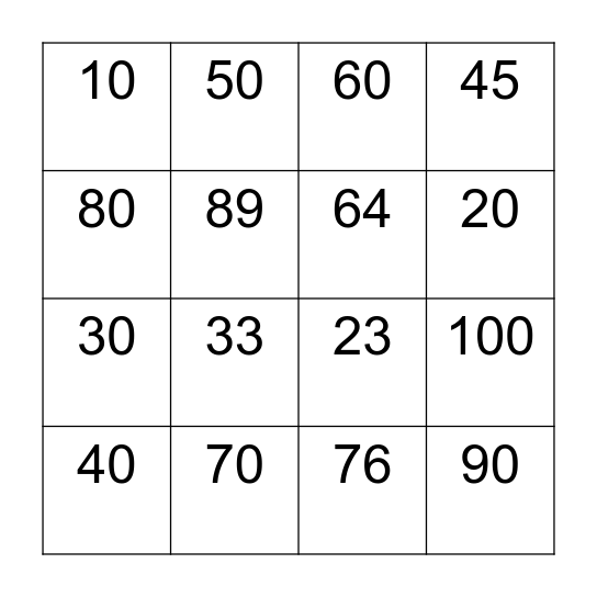 Numbers 10-100 Bingo Card