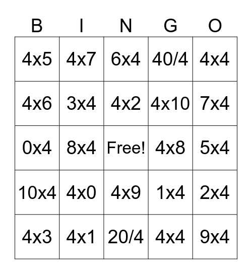 Multiplication by 4 Bingo Card