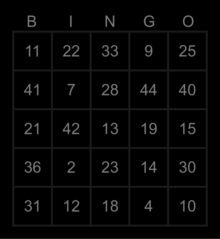 Number 1-45 Bingo Card