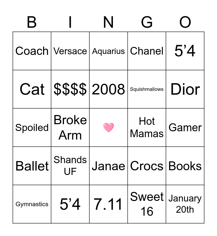 Morgan's Sweet 16 Bingo Card