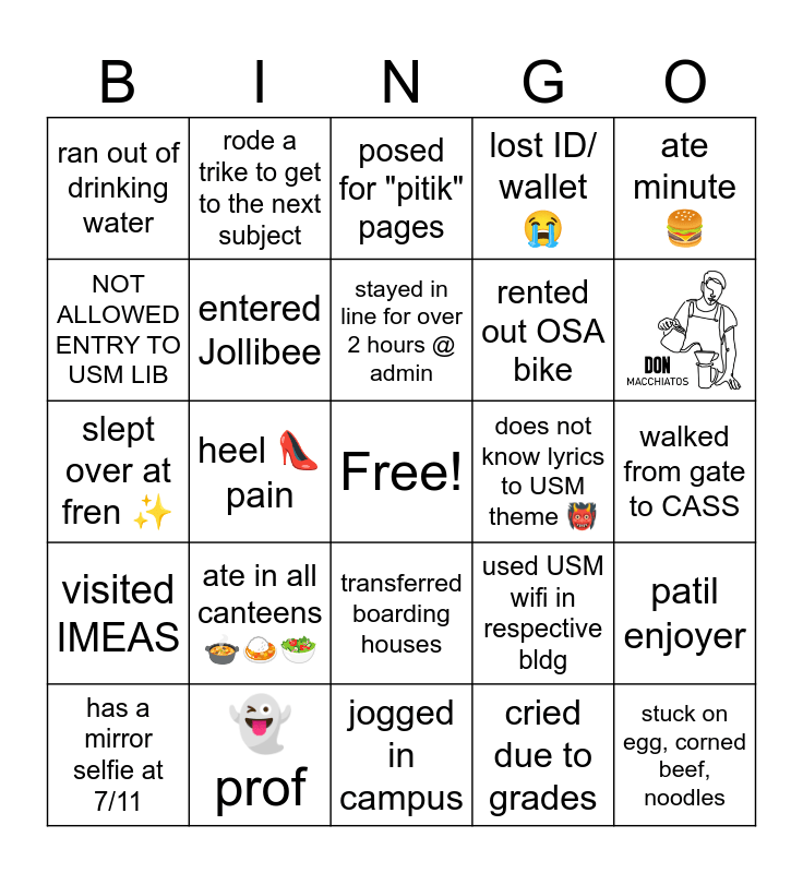 USM STUDENT VERSION Bingo Card