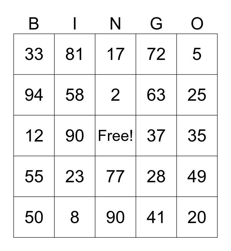 Tens and Ones Bingo Card