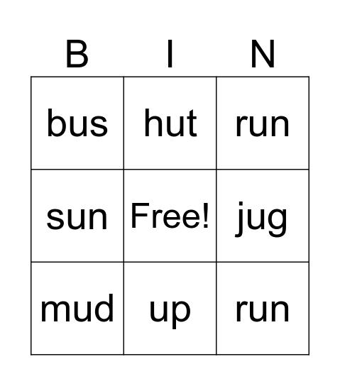 Short U Words Bingo Card