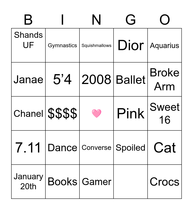 Morgan's Sweet 16 Bingo Card