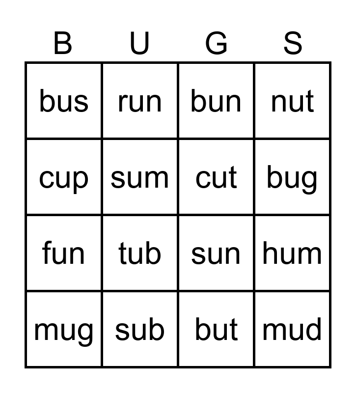 CVC Short U Bingo Card CVC Short U Bingo Card