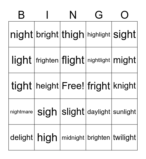 igh Words Bingo Card