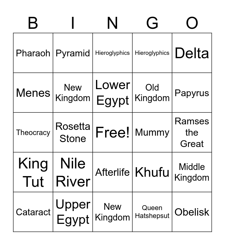 Ancient Egypt Vocabulary Bingo Card