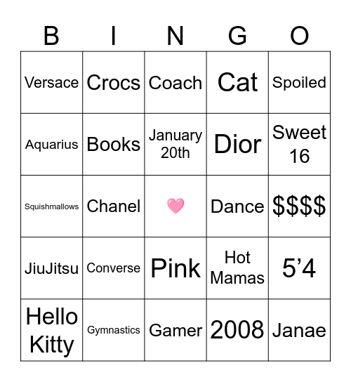 Morgan's Sweet 16 Bingo Card