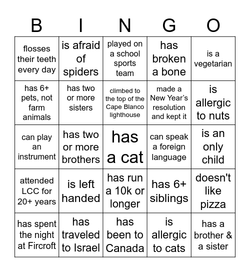 Get to know your sister 1 Bingo Card