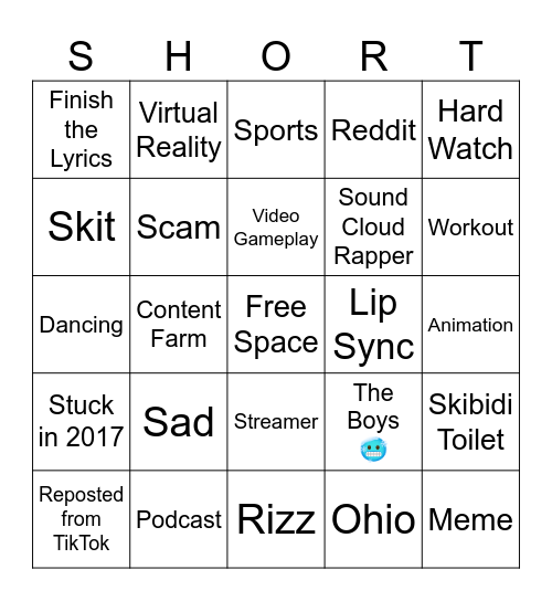 Youtube Shorts Bingo Card