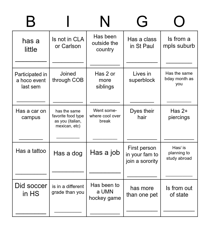 Find somebody who.... Bingo Card