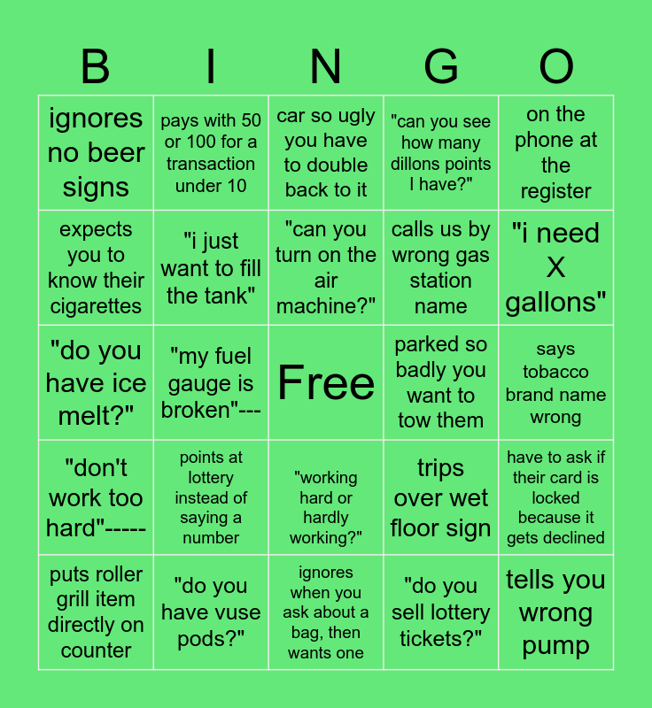 Gas Station Bingo Card