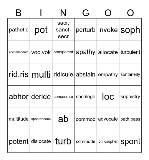 Vocab/Roots 15-20 Bingo Card