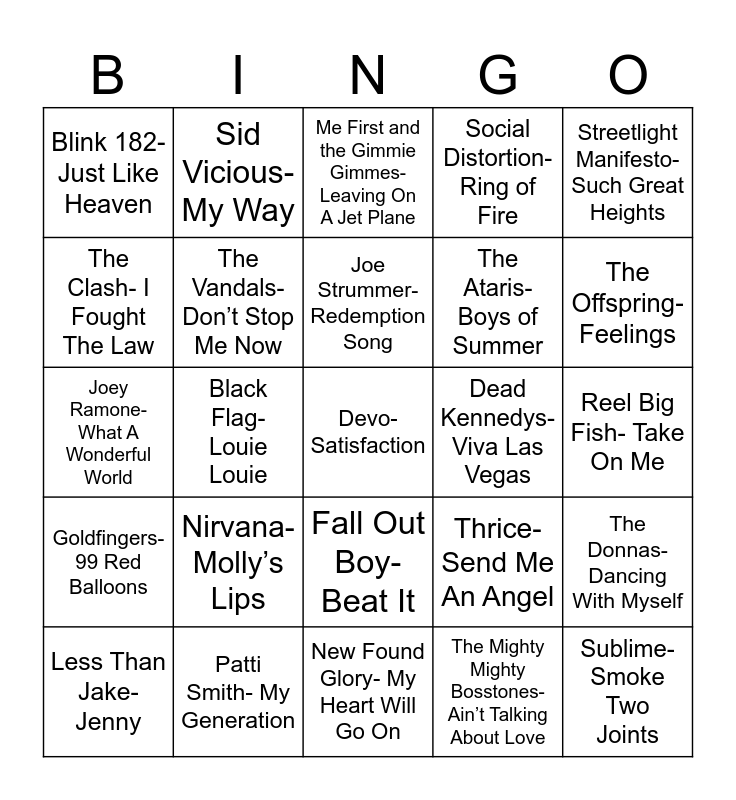 Radio Bingo Covers Punk Version Bingo Card