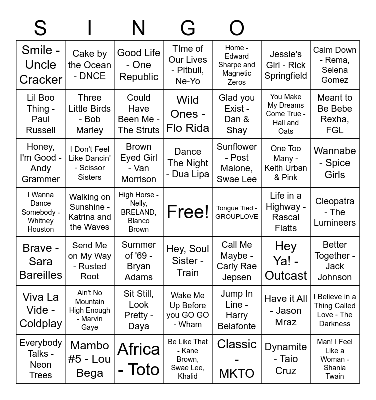 SINGO Bingo Card
