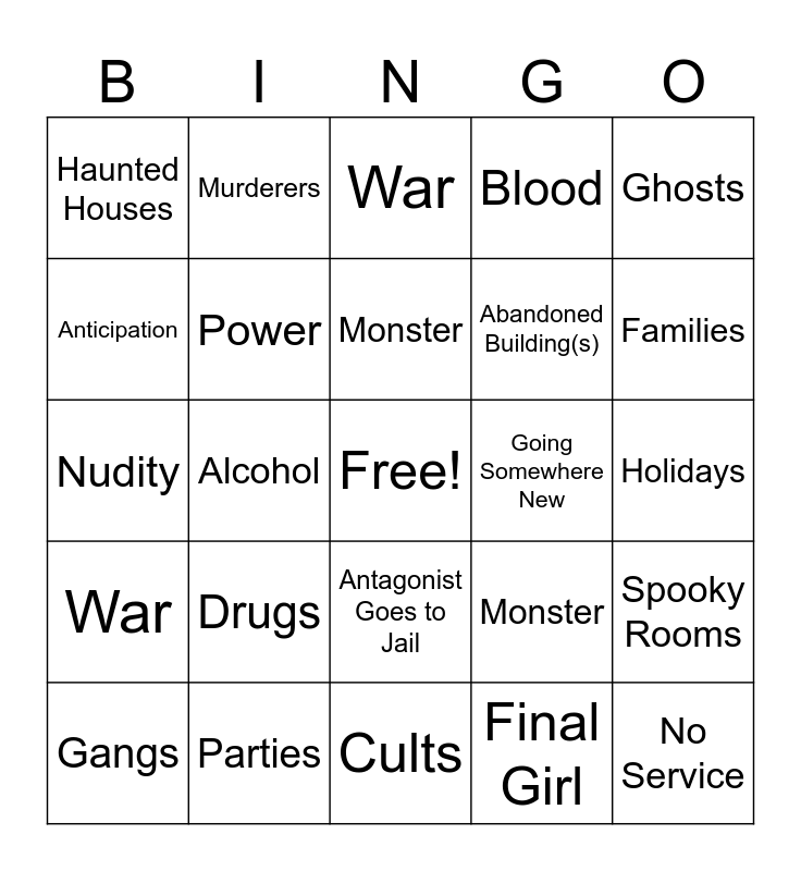 Horror Tropes Bingo Card