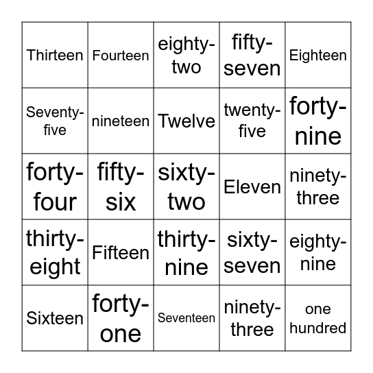 Numbers spelt out 1-100 Bingo Card