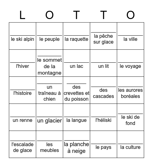 Quiz de vocabulaire; Destinations d'hiver Bingo Card