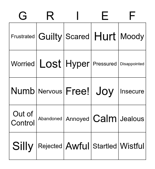 Grief Bingo Card