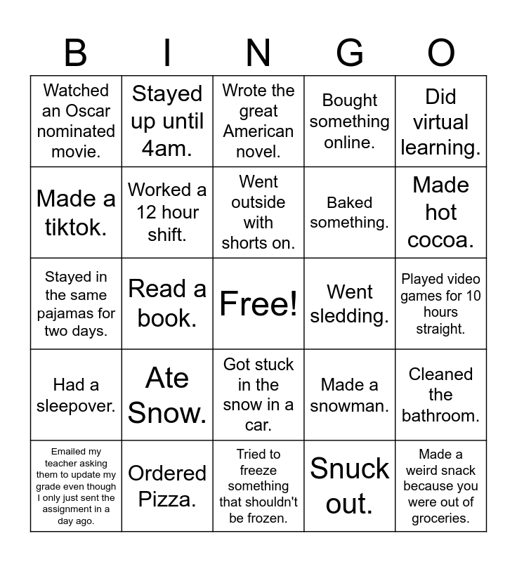 Snow Day/Winter Break Bingo Card