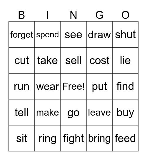 Irregular past tense English verbs Bingo Card