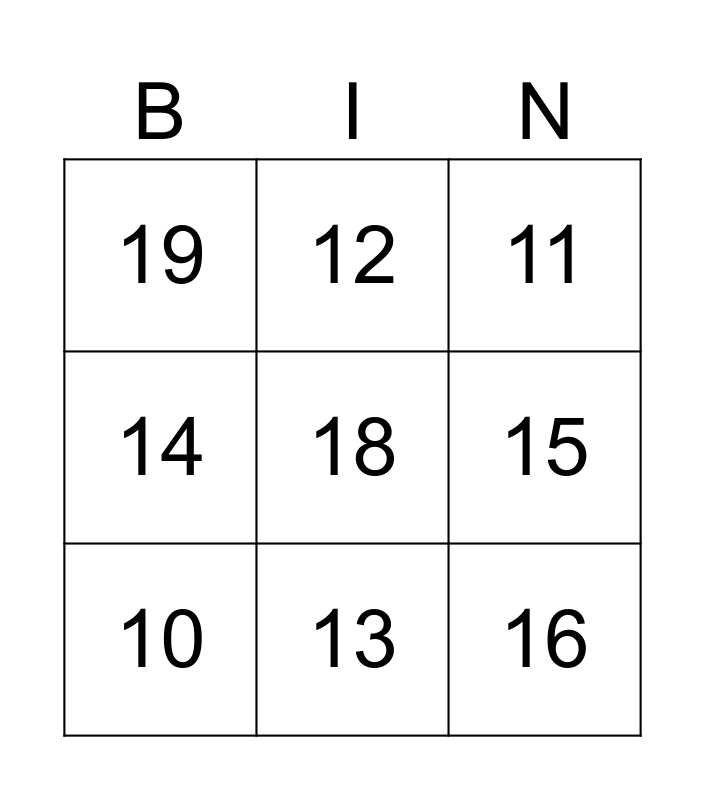 Teen numbers Bingo Card