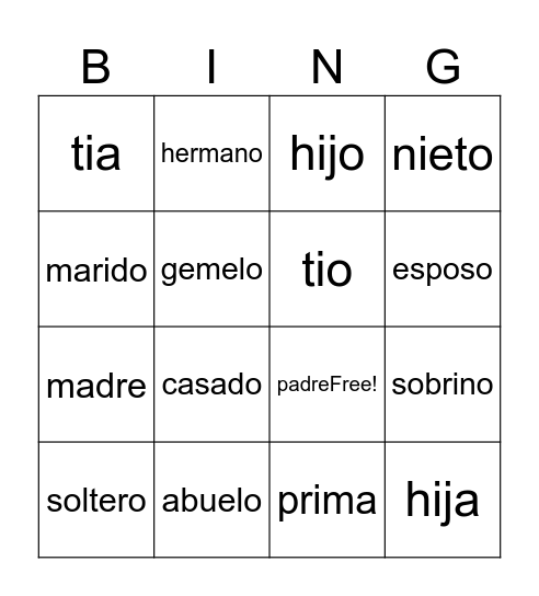 La Familia Bingo Card