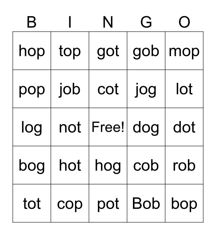 CVC Short o Bingo Card