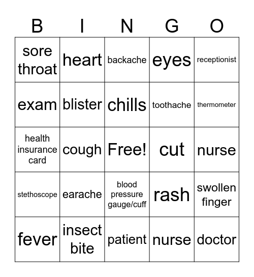 Symptoms, Injuries, & Medical Care Bingo Card