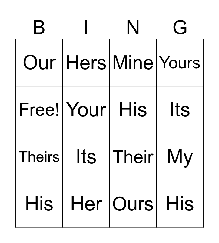 Possessive Pronoun & Adjective Bingo Card