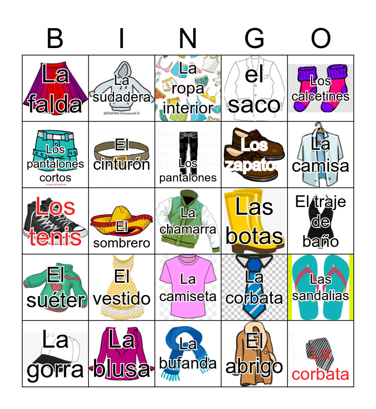 CCHS--Spanish 1, Unit 2 LA ROPA Bingo Card