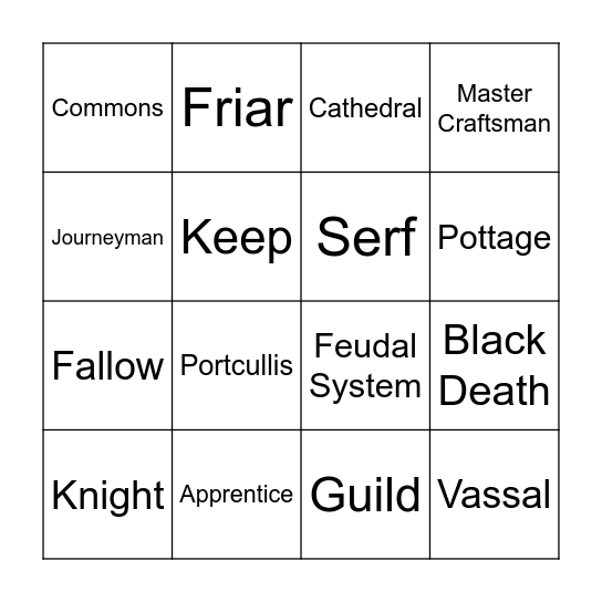 Medieval Europe Vocab Bingo Card