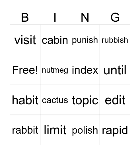 2 Syllable Words (Closed Syllables) Bingo Card