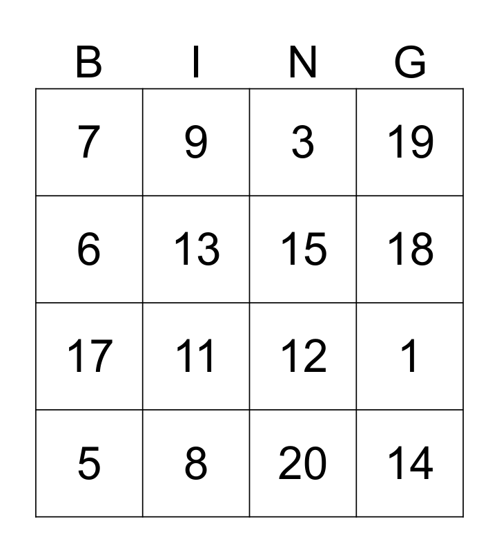 NUMBER BINGO 1-20 Bingo Card