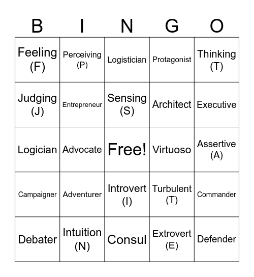 Personality Type Bingo (MBTI) Bingo Card