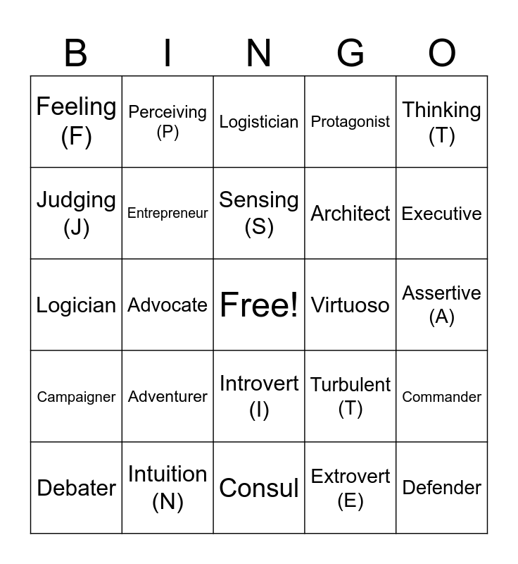 Personality Type Bingo (MBTI) Bingo Card