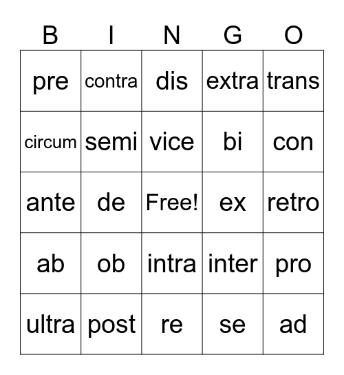 Latin Prefixes Bingo Card
