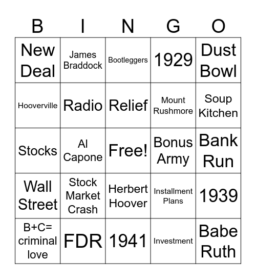 The Great Depression Bingo Card