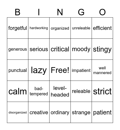 Personality Traits Bingo Card