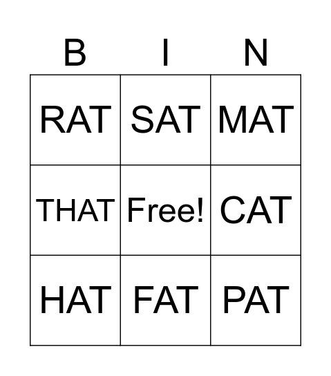 AT Word Family Bingo Card