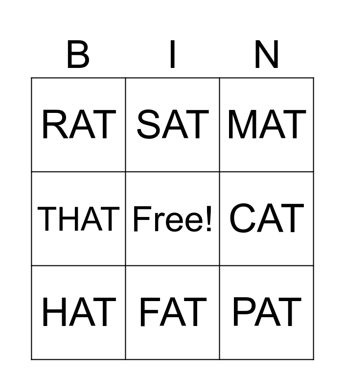 AT Word Family Bingo Card