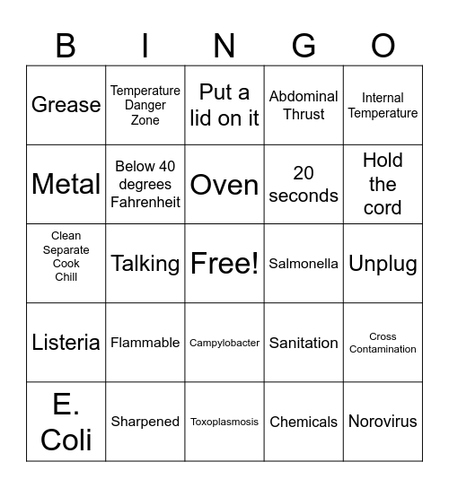 Safety and Sanitation Bingo Card