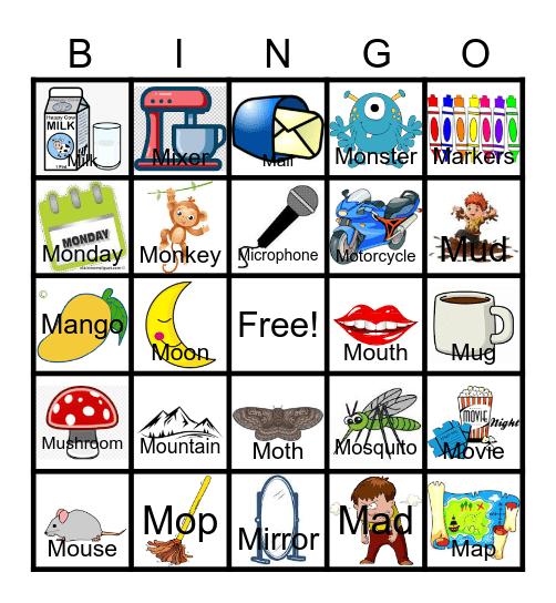 Letter "M" Bingo Card