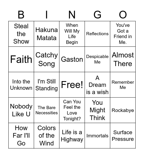 Name that Tune BINGO Disney Edition Bingo Card