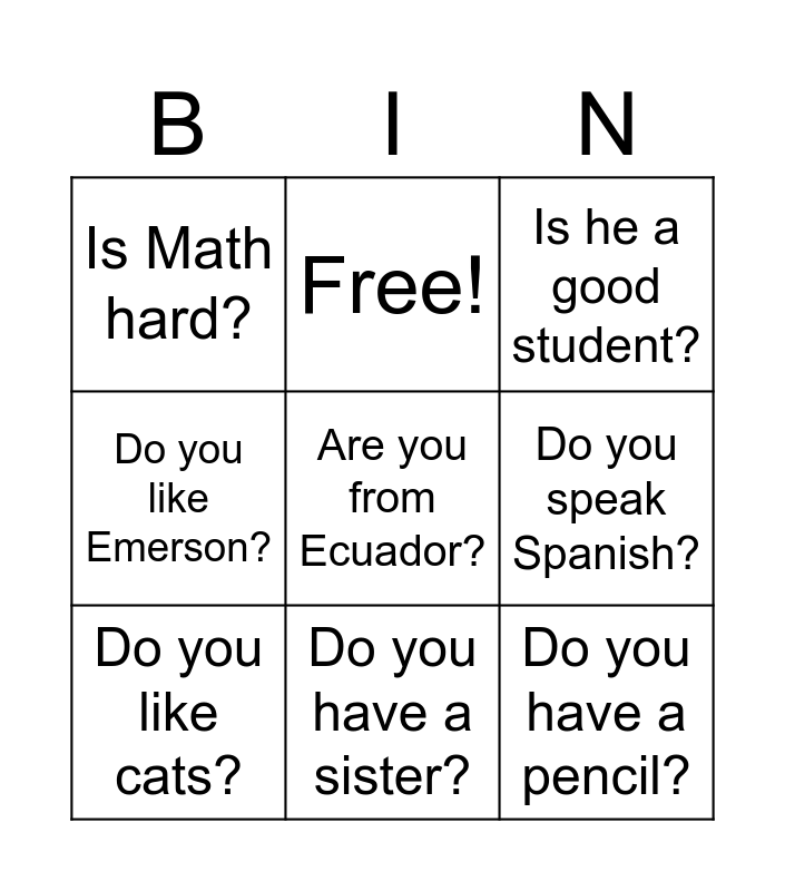 Yes/No Questions Bingo Card