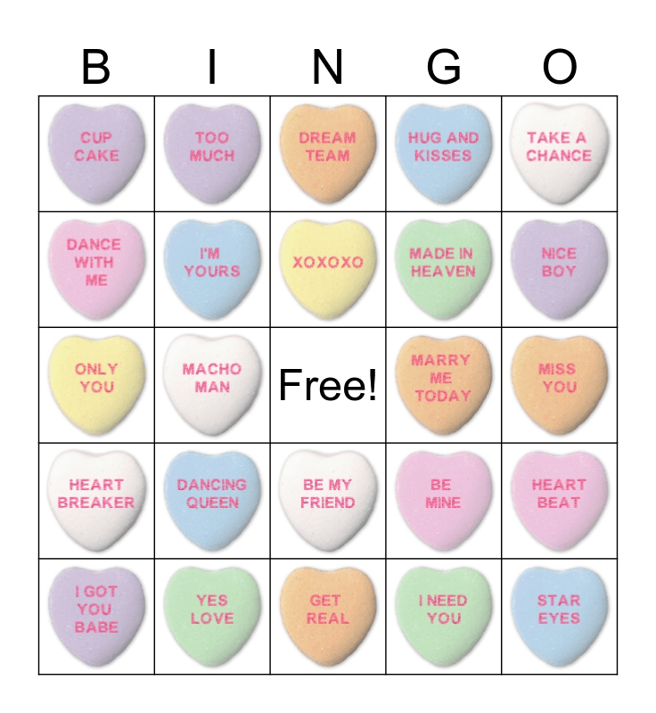 Conversation Hearts Bingo Card